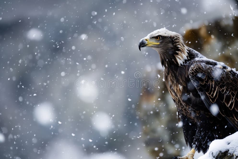 Focused Eagle Passing by Snow Flurries on a Cold Mountain Slope Stock ...