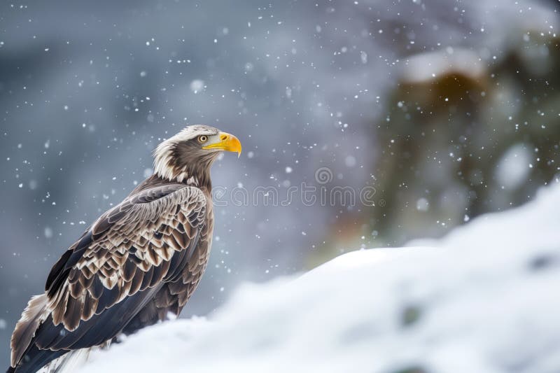 Focused Eagle Passing by Snow Flurries on a Cold Mountain Slope Stock ...