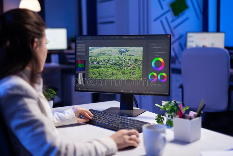 Focused Editor Retoucher Editing Color Grade on Professional Computer ...