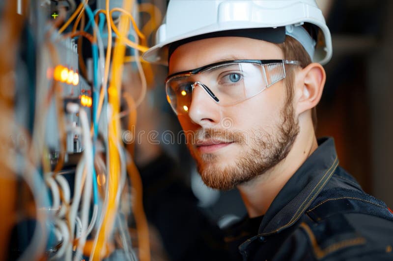 Focused Electrician in Hard Hat and Safety Glasses Working on ...