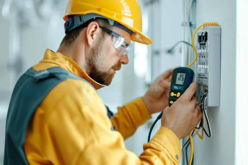 A Focused Electrician is Using a Multimeter To Check Electrical Panels ...
