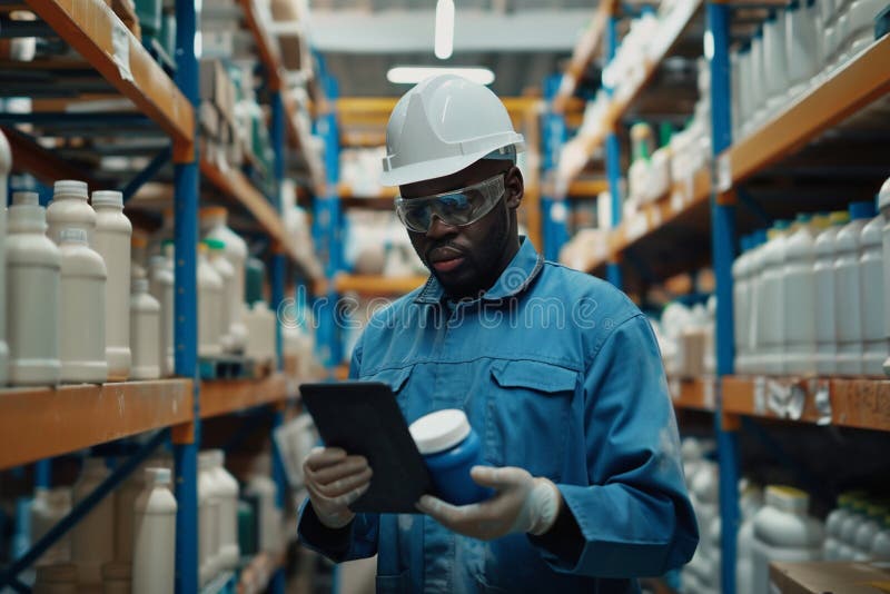 A Focused Employee in Factory Setting Uses Tablet To Check Inventory ...