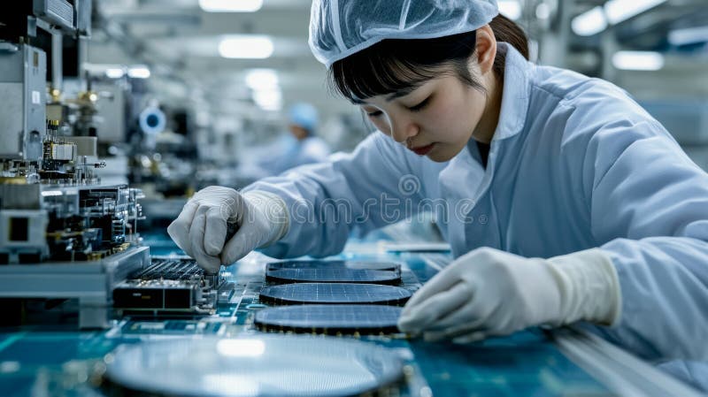 Focused Engineer in Cleanroom Setting Working on Solar Cell Technology ...
