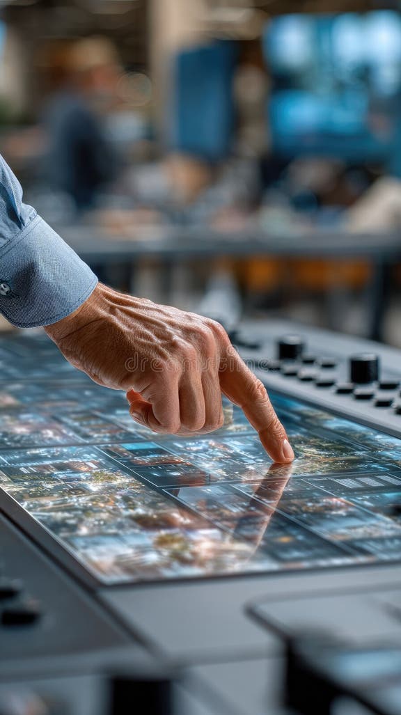 Focused Engineer Engages with Advanced Digital Systems Showcasing Detailed Maps and Data in a ...