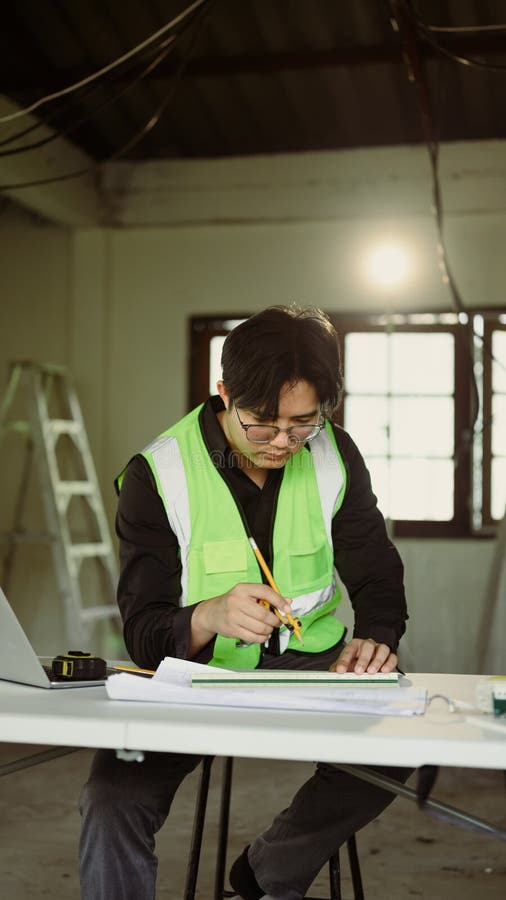 Focused Engineer in a Safety Vest Working on Construction Plans at a ...