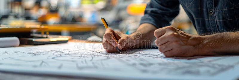 Focused Engineer Sketching a Project Layout on Large Blueprint Paper in ...