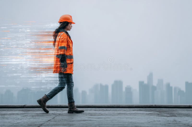 Engineer Walking Along Rooftop Edge with a Digital Effect Over City ...
