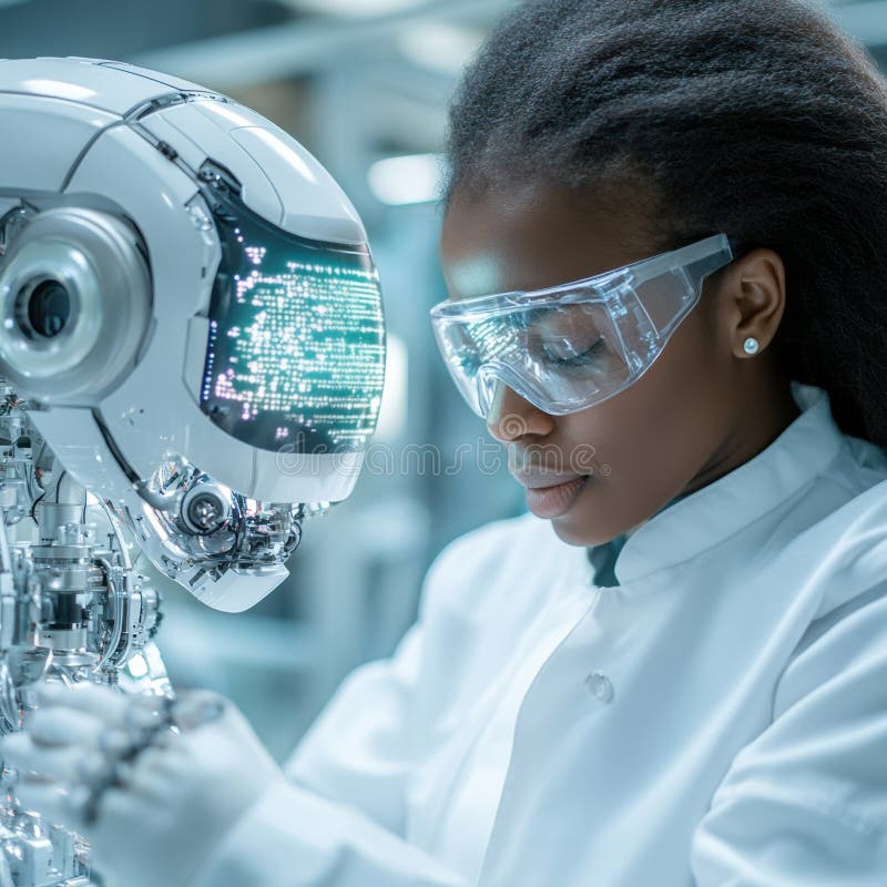 A Focused Engineer Wearing Safety Glasses Works on an Advanced Humanoid ...