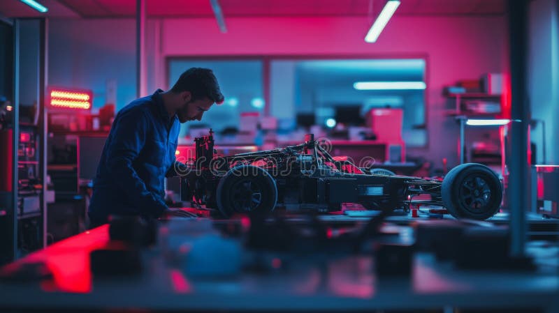 A Focused Engineer Works on a Complex Car Model in a Vibrant Workshop ...