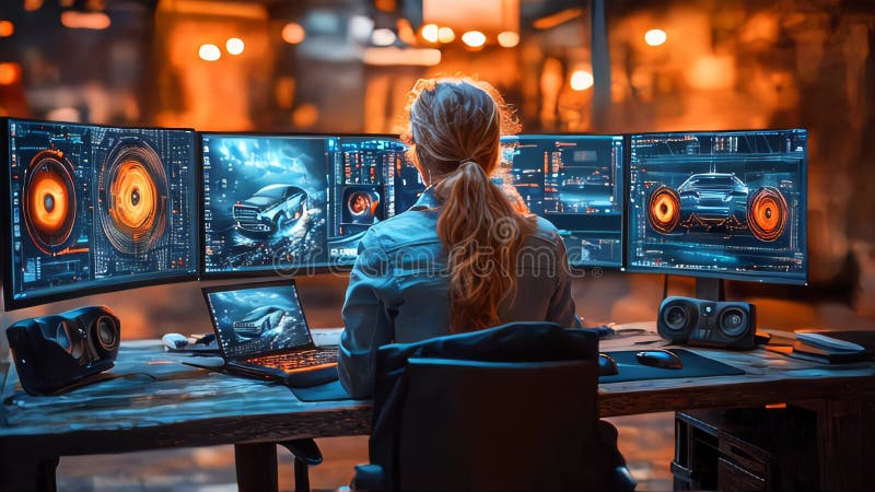 A Focused Engineer Works at a Computer, Designing Cars on Dual Monitors ...