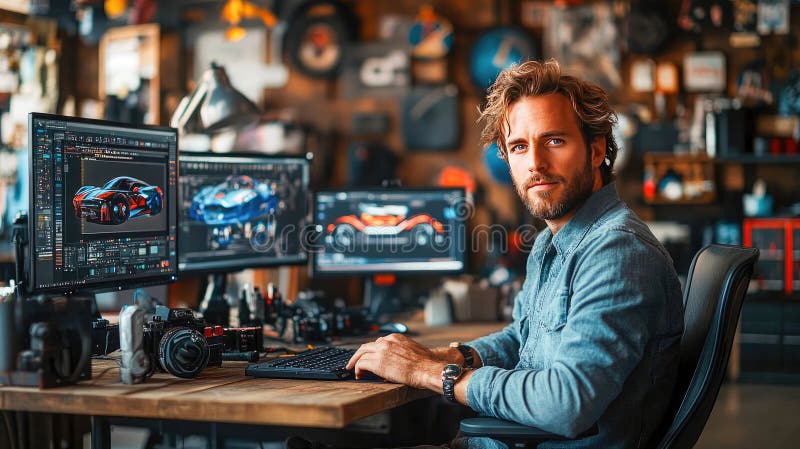 A Focused Engineer Works at a Computer, Designing Cars on Dual Monitors ...
