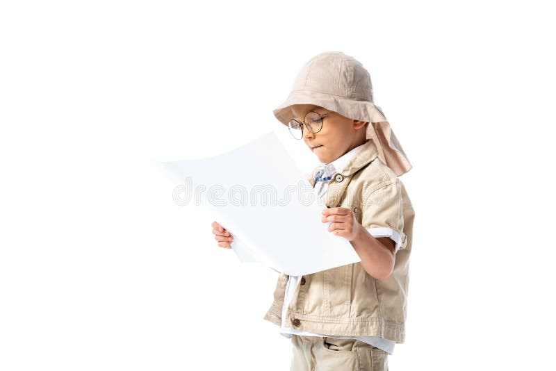 Explorer Child in Glasses and Hat Looking at Placard Isolated on White ...