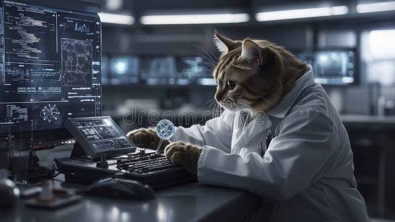 Focused Feline Scientist Typing Data in High-tech Lab Futuristic ...