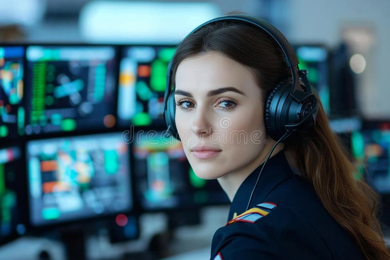Focused Female Air Traffic Controller Wearing Headphones Surrounded by ...