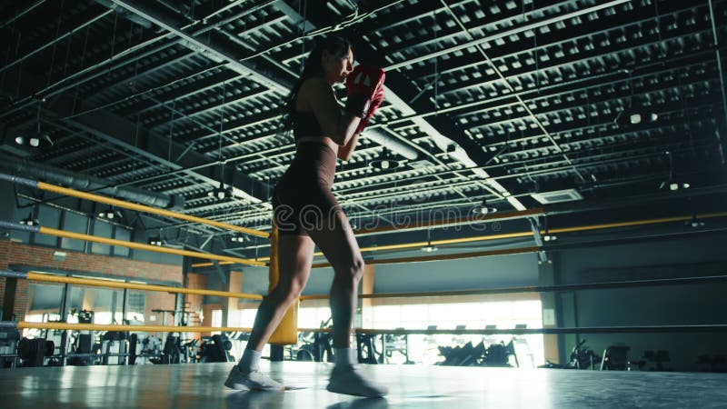Focused Female Boxer Practicing Punching Techniques on the Boxing Ring ...