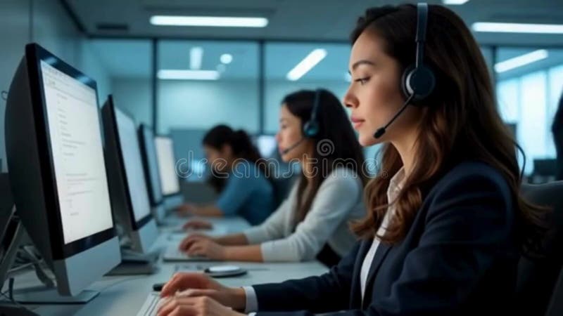 Focused Female Call Center Agent Working at Computer in Busy ...