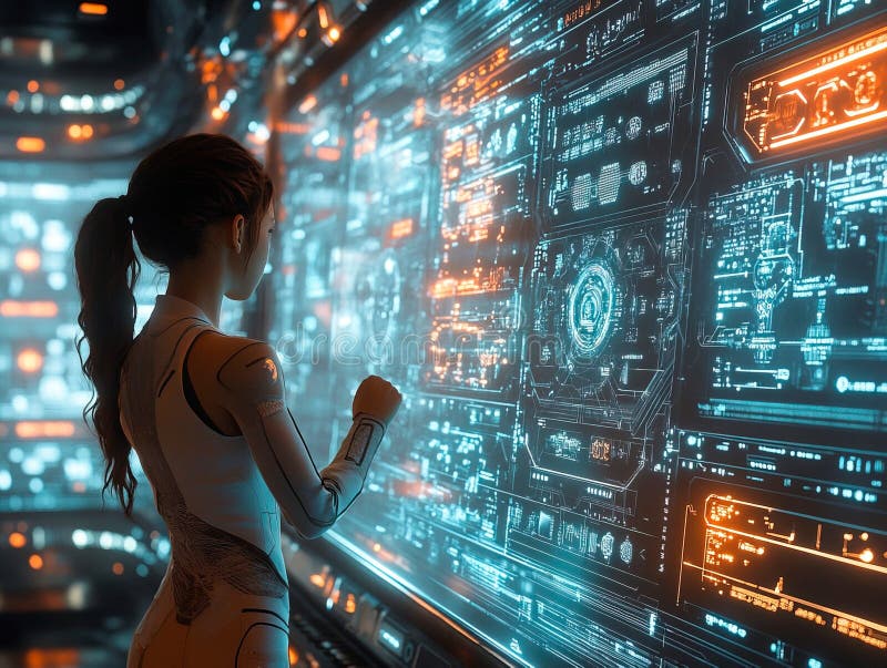 A Focused Female Character in Futuristic Attire, Interacting with a ...