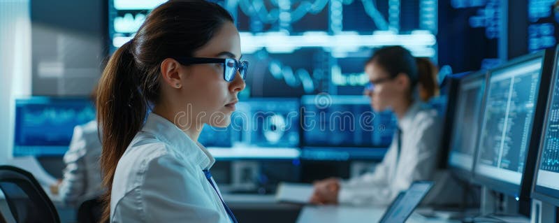 Focused Female Data Analyst Working on Computer in a Modern Office with ...