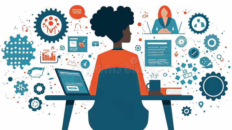 Focused Female Employee Working on Technology with Graphical Interface ...