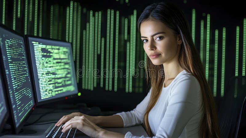 Focused Female Programmer Coding at Night: Green Matrix Background Stock Illustration ...