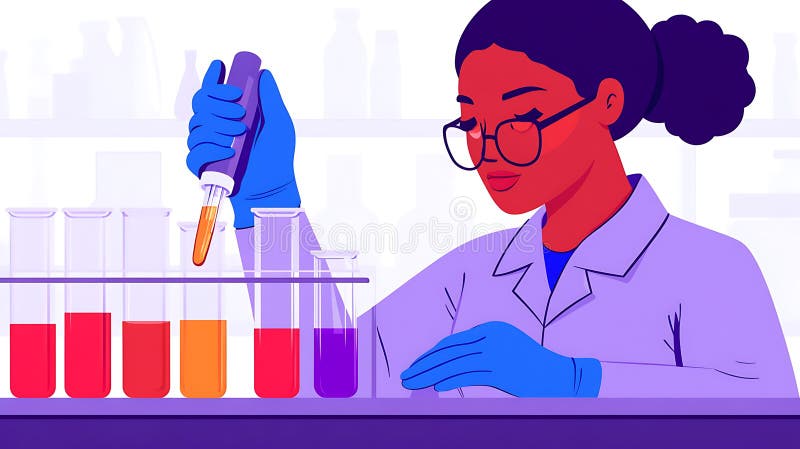 Focused Female Scientist in Lab Coat Conducting Experiment with Test ...