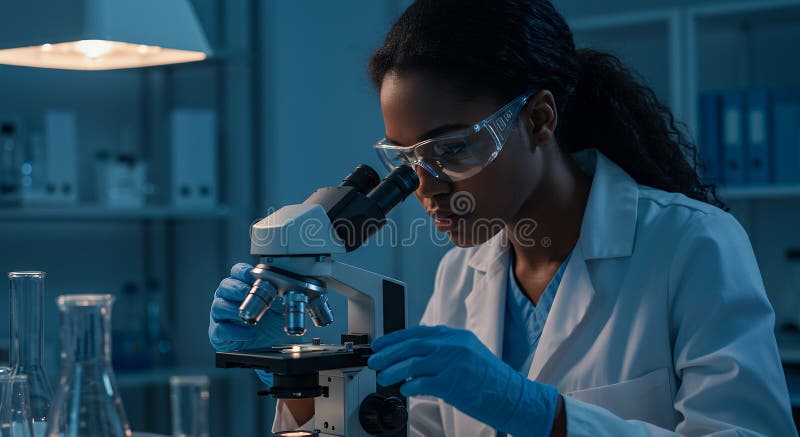 Focused Female Scientist Using Microscope in Late-Night Lab Research ...