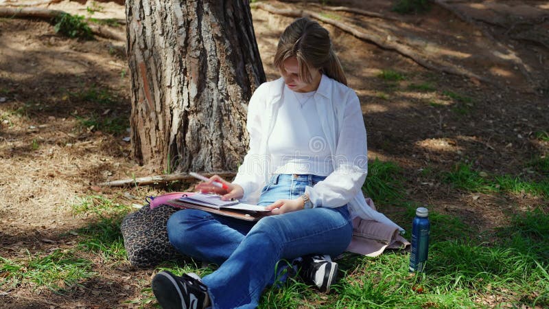 Focused Female Student Sitting Under Tree, Writing Notes in Notebook ...