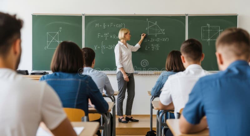 Focused Female Teacher Explains Complex Math Equations on Chalkboard To ...