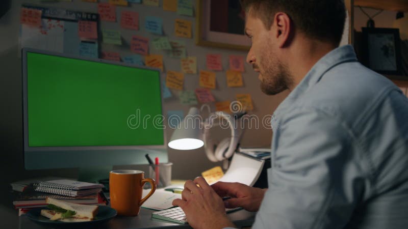 Focused Freelancer Texting Chromakey Computer Closeup. Man Browsing ...