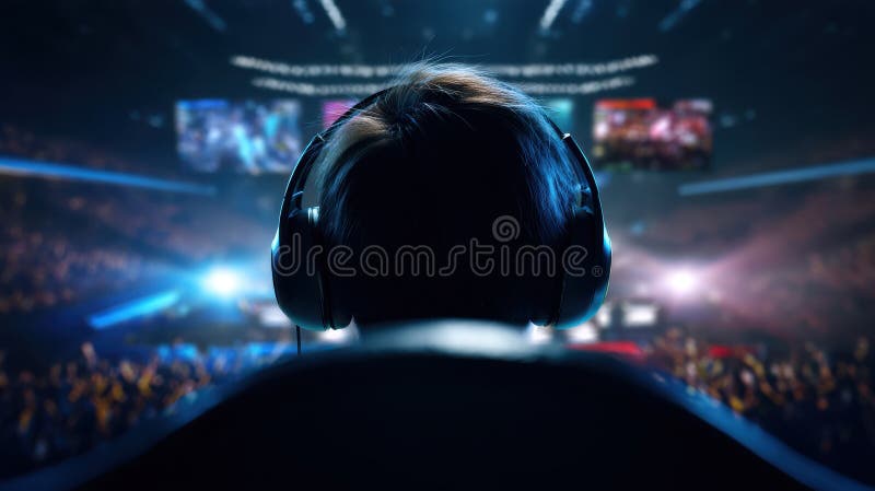 Focused Gamer with Headset in a Competitive Gaming Environment Stock ...