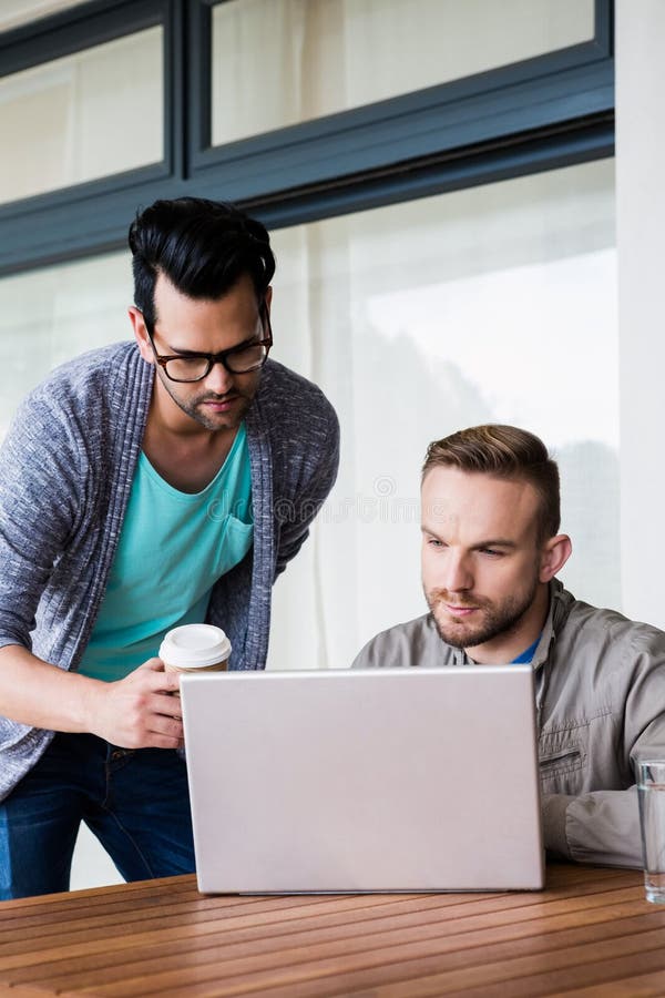 Focused Gay Couple Using Laptop Stock Photo - Image of glasses ...