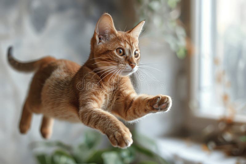 Focused Ginger Cat Leaping Across an Indoor Setting with Natural Light ...