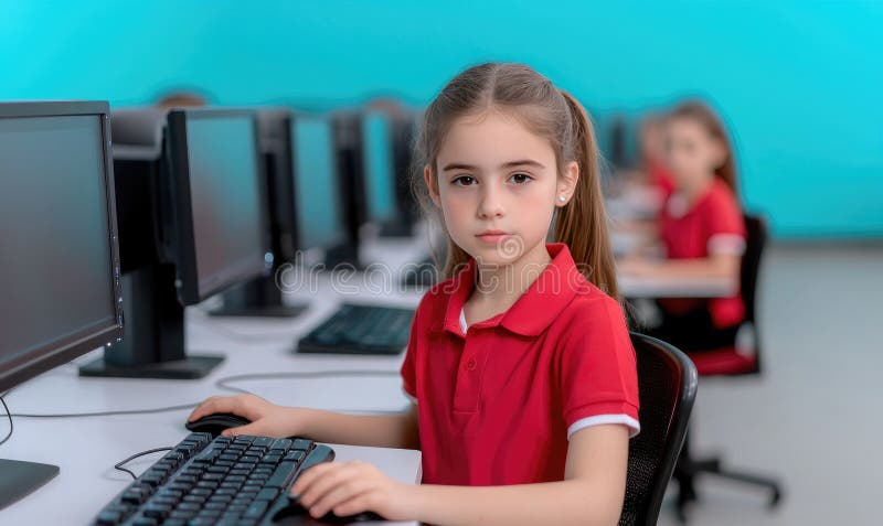A Focused Girl Working on a Computer in a Classroom, Surrounded by ...