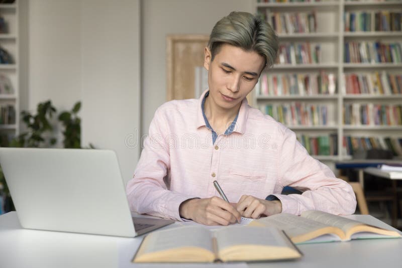 Focused Guy Student Prepare Homework in University Library Stock Image ...