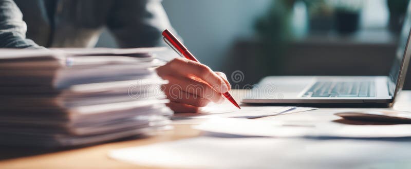 The Focused Hand Writing on Documents while Using a Laptop. AI ...