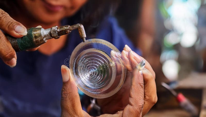 Artisan Craftswoman Etching Intricate Glassware: a Detailed Close-up Stock Illustration ...
