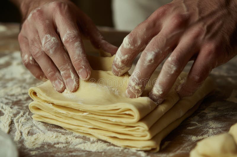 Focused on Hands Dusted with Flour, Expertly Folding Layers of Pastry ...