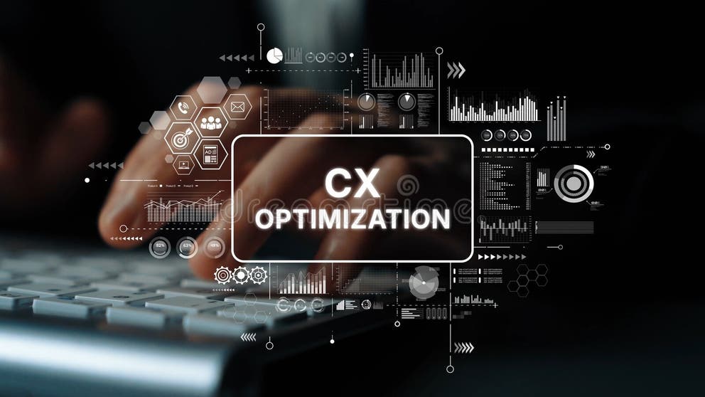 Focused Hands on Keyboard with Digital Graphics for Customer Experience Optimization Concept ...