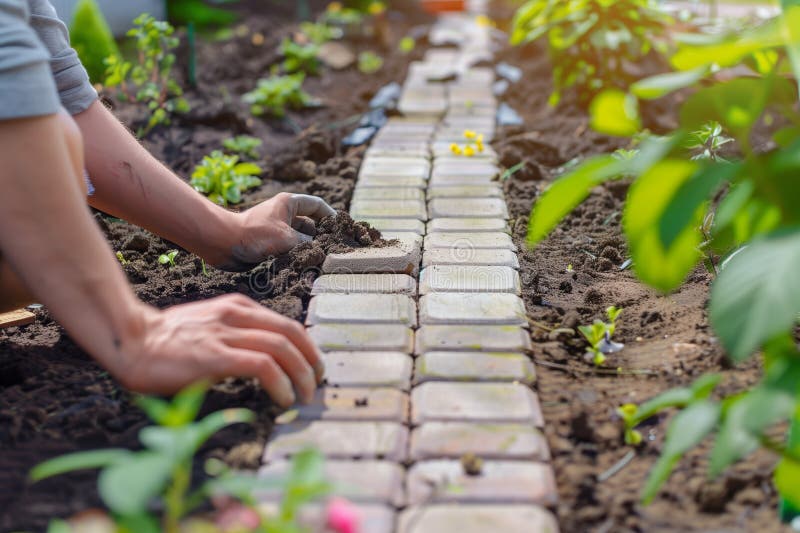 Focused on Hands Laying the Final Paver in a Garden Pathway Stock Photo ...