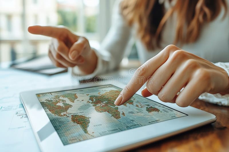 Focused Hands Pointing at Tablet Screen World Map Interactive Business ...