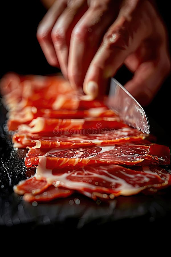 Focused on Hands Slicing Cured Ham, Accentuating the Skill and Texture ...