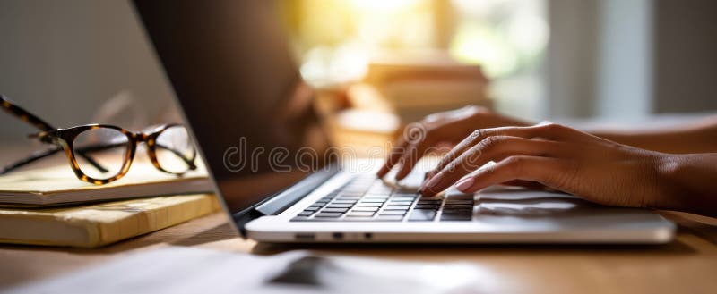 The Focused Hands Typing on a Laptop in a Bright Workspace.AI Generated ...