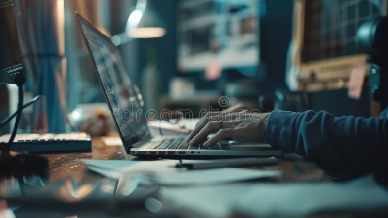 Focused Hands Typing on Laptop in Dimly Lit Workspace Stock Image ...