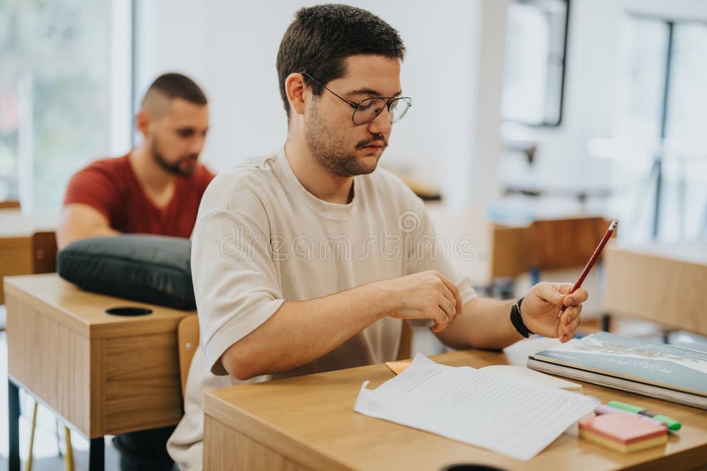 Focused High School Students Studying in a Classroom Setting for Exams ...