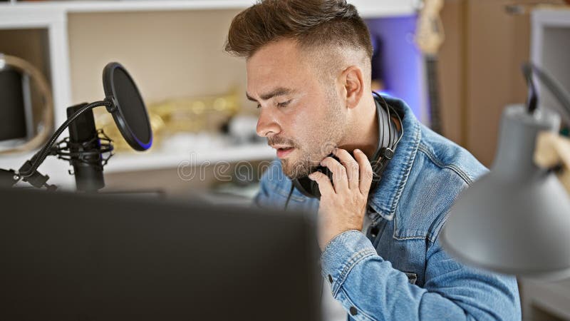 Focused Hispanic Man with Headphones in Music Studio Near Microphone ...