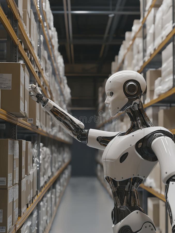Focused Humanoid Robot Working Diligently in Warehouse Precise ...