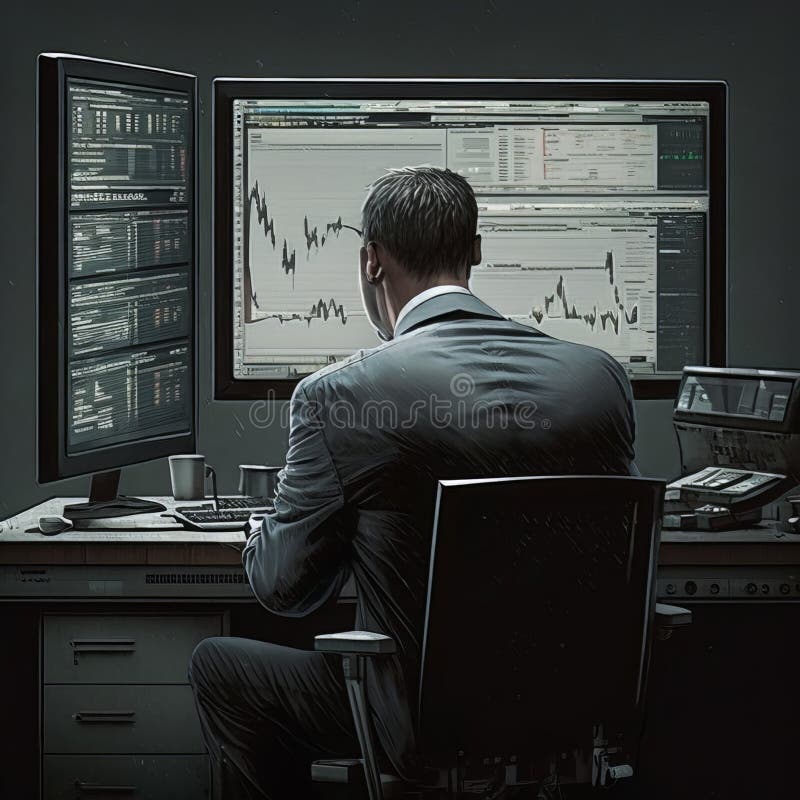 Businessman Day Trader Working on a Computer Looking at Forex Charts ...