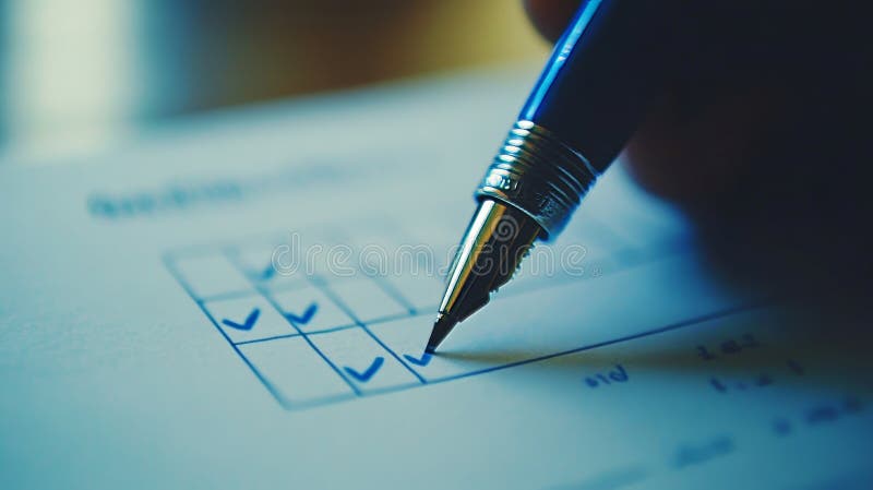 A Focused Image of a Fountain Pen Filling in Checkboxes on a Checklist ...