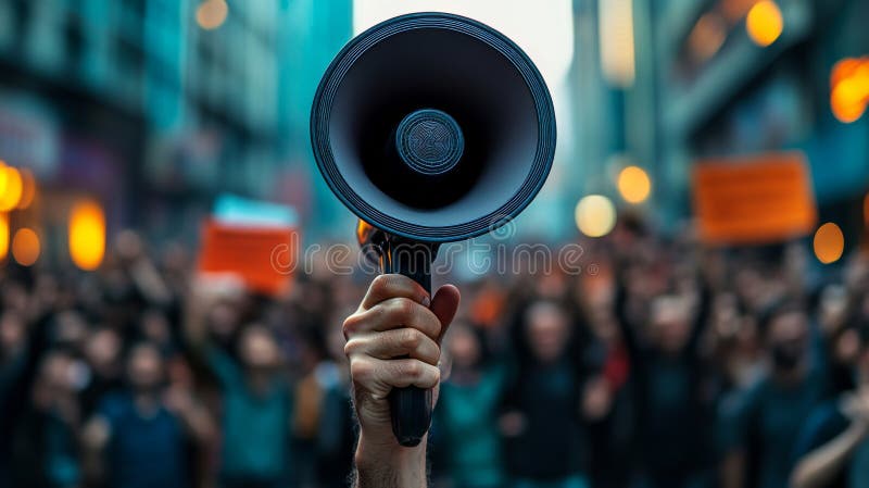 A Focused Image of a Megaphone Held Aloft in a Crowd, with Raised Fists ...