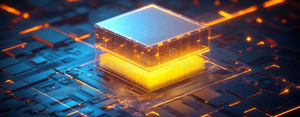 A Focused Image of a Microchip with Shining Circuits, Revealing High-tech Sophistication and ...